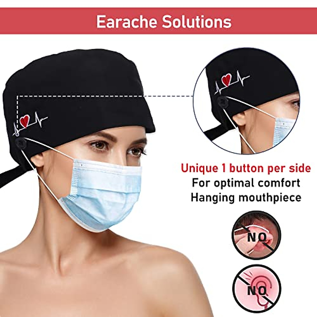 Lusofie Adjustable Working Cap with Button Sweatband Surgical Cap Nurse Hat Cotton Ponytail Holder Scrub Caps Tie Back Hats for Women Men