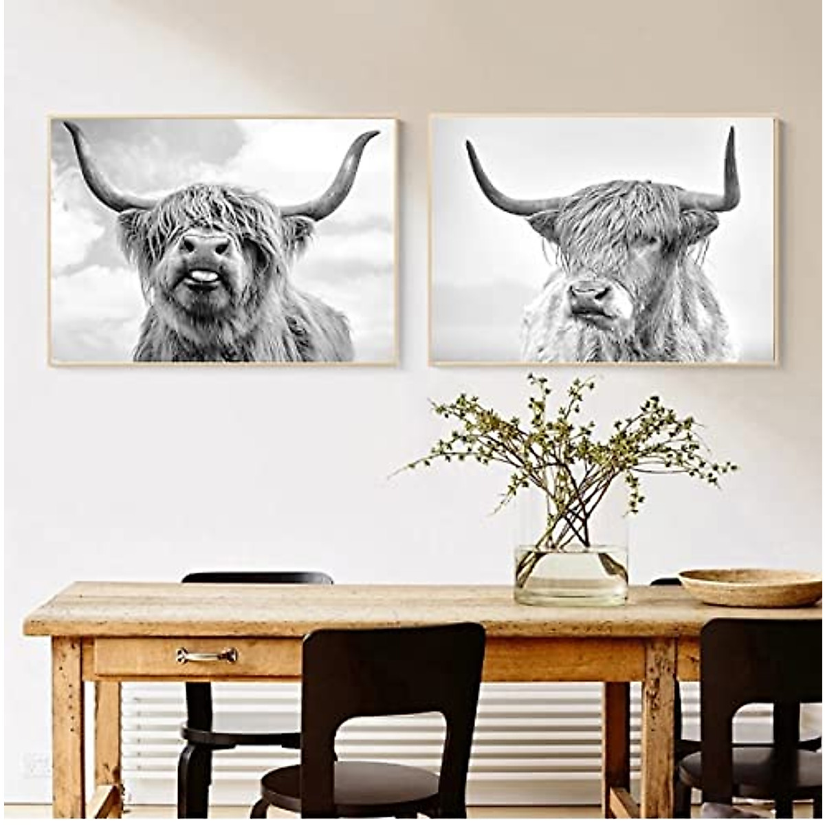 2 Pieces Highland Cow Canvas Posters Prints Black and White Longhorn Steer Animal Portrait Wall Art for Living Room Office Bedroom Decor (Unframed,16x20 inches)