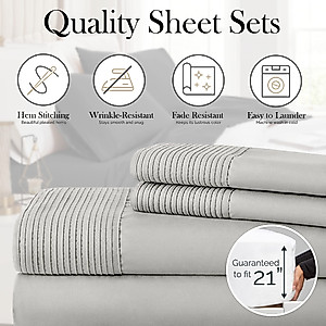 SouthShore Fine Living Vilano Pleats, 4-Piece, 21-Inch Extra Deep Pocket Sheet Set, King Sheets with Flat Sheets and Pillowcase, Easy Care and Shrinkage-Free Deep Pocket Sheets, Sheet Set, Steel Grey
