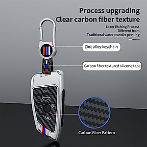 OLLEN Heavy Zinc Alloy Key Fob Cover, Fit for BMW 2 5 6 7 Series X1 X2 X3 X5 X6 GT Series, Full Protection Remote Fob Cover with Carbon Fiber Pattern, Blade Shape, Silver(1 Pcs)
