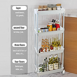 4 Tier Kitchen Bathroom Storage Rolling Cart 39 Inches Tall Slim Utility Rolling Shelf Cart with 4 Universal Wheels Coner Storage Shelves Cart White