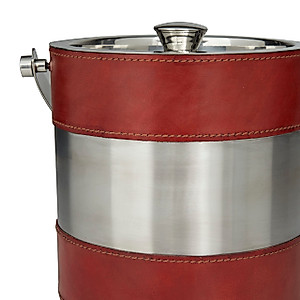 The Novogratz Leather Handmade Ice Bucket with Lid, 8" x 7" x 12", Red