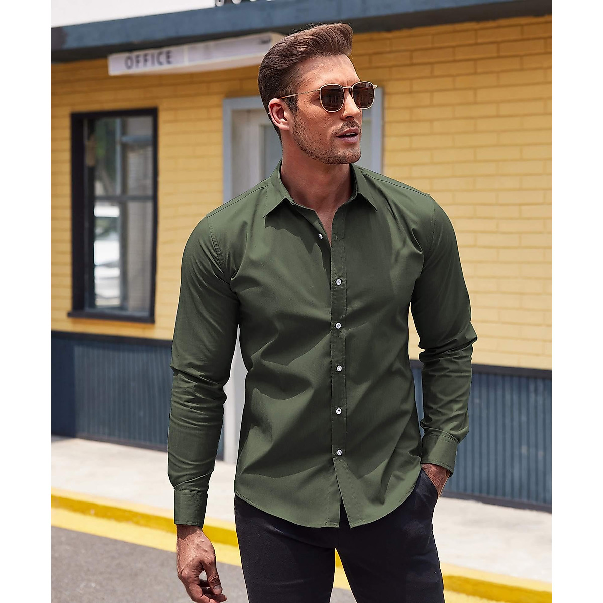 COOFANDY Men's Muscle Fit Dress Shirts Wrinkle-Free Long Sleeve Casual Button Down Shirt Olive Green