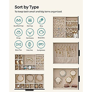 SONGMICS Jewelry Box with Glass Window, 5-Layer Jewelry Organizer with 3 Side Drawers, Jewelry Storage, with Vertical Storage Space, Big Mirror, Modern Style, Graphite Black and Silver UJBC162B01