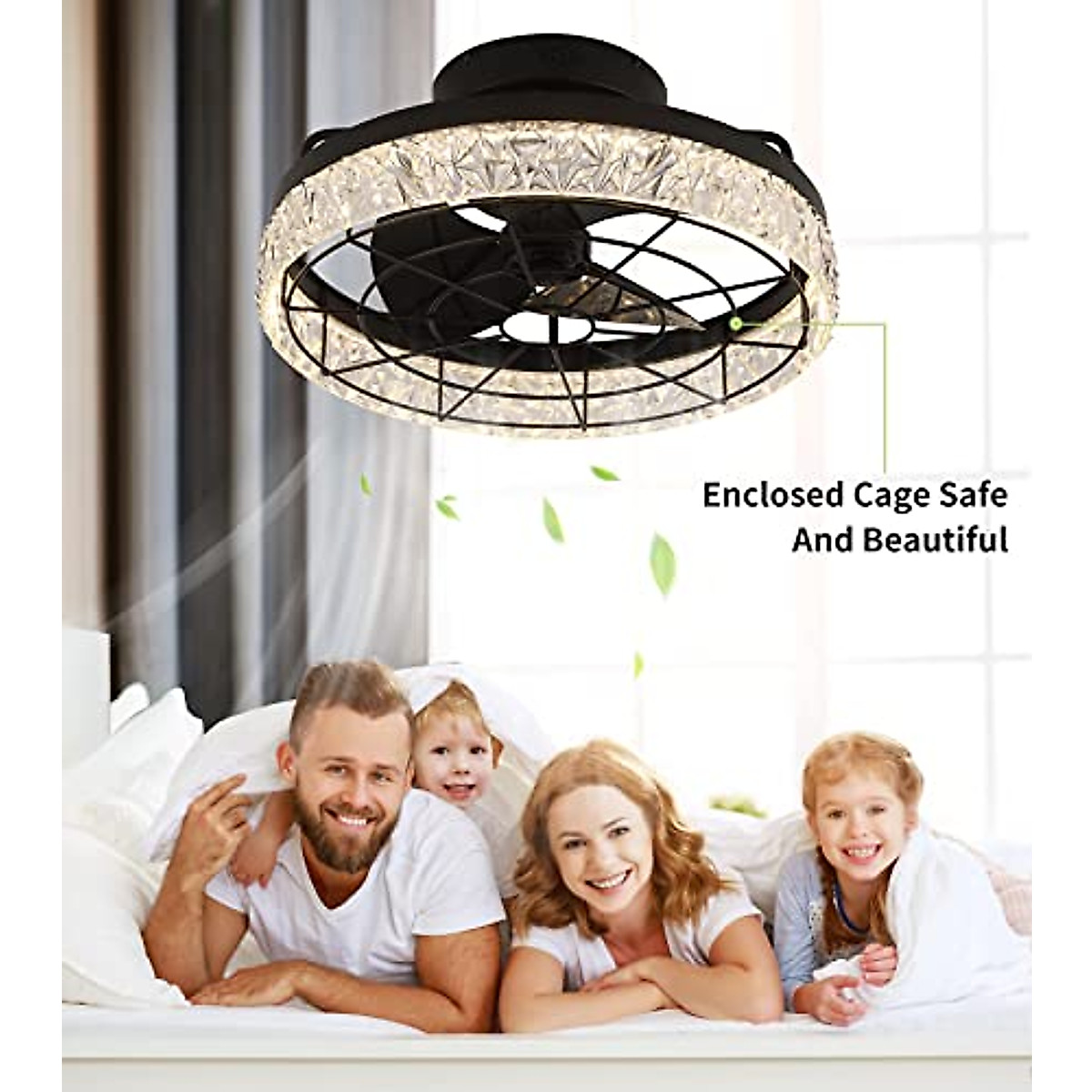 Q&S Modern Ceiling Fan with Lights,Low Profile Enclose Black Cage Semi Flush Mount Crystal Ceiling Fans with Remote 6 Speeds 3 Colors Dimmable LED Light Fixture for Bedroom Living Room Gym 18.9"