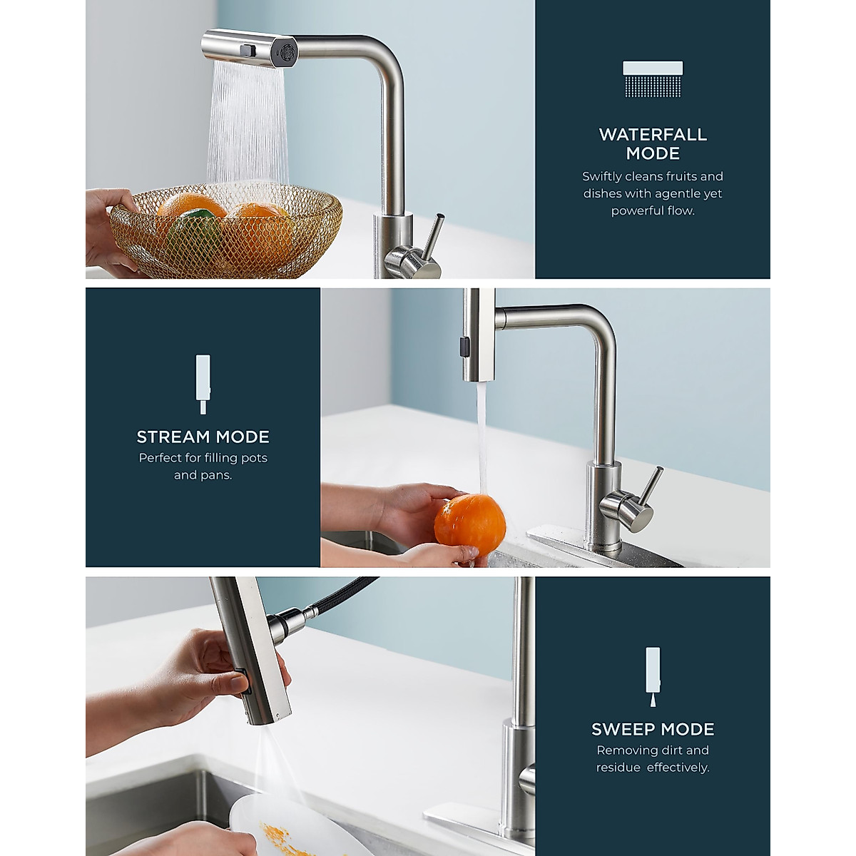 FORIOUS Kitchen Faucet with Pull Down Sprayer, Brushed Nickel Kitchen Faucets Stainless Steel, Waterfall Kitchen Sink Faucet 3 in 1 Function, Modern Faucet for Kitchen Sink, Bar, Laundry, Rv