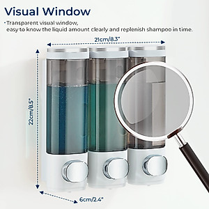 Pollock Shower Dispenser - 3 Chamber No Drill Wall Mounted Shampoo, Conditioner, Body Wash Dispenser for Bathroom, Large Capacity, White