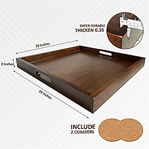 Large Ottoman Tray | 19 x 19 inches Oversized Square Solid Black Walnut Wooden Table Serving Tray | with Handles - Durable - Sleek Design for Coffee, Tea, Breakfast Platter, Decorative