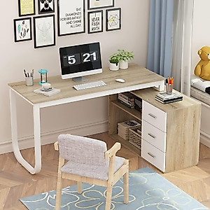 Computer Desk for Home and Office Corner Desk with 3 Drawers and 2 Shelves, 55 Inch Large L-Shaped Computer Disk and Writing Table - Walnut