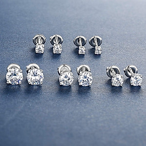 18K White Gold Plated 4 Pong Round Clear Cubic Zirconia Screw Back Stud Earring Pack of 5 Pairs (5 Pairs)…