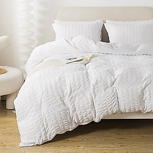 HYLEORY White Duvet Cover Queen Size, 3 Pieces (1 Duvet Cover + 2 Pillow Cases) Soft Washed Microfiber Duvet Cover Seersucker Duvet Cover Set with Zipper Closure and Corner Ties for All Seasons