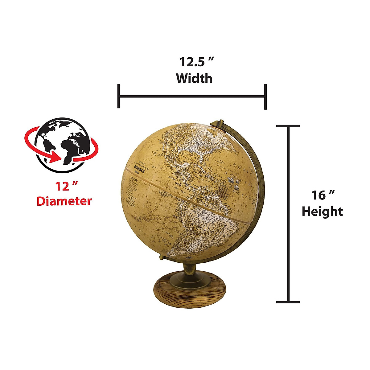Replogle Morgan – Designer Series Globe, Old World Style Globe, Raised Relief, Charred Hardwood Base, Antique brass plated Semi-Meridian, Velvety texture ball (12"/30 cm diameter)