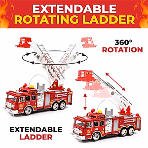 Toysery Fire Truck Toy with Flashing Lights & Siren Sounds for Kids, Extendable Rotating Ladder, Bump and Go Action, Role Play Toy for Boys & Girls, Kid Car Toy Trucks, Ages 3-7+