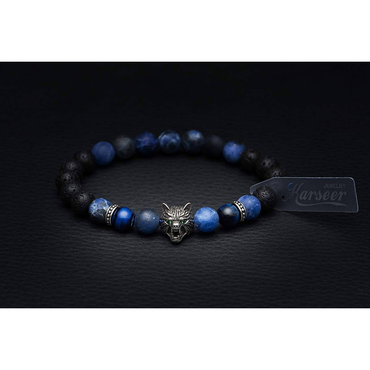 Karseer Viking Wolf Spirit Bracelet with Blue Sodalite and Black Lava Rock Beads, Natural Stone Chakra Jewelry for Emotional Support and Essential Oil Diffusion, Unisex Gift
