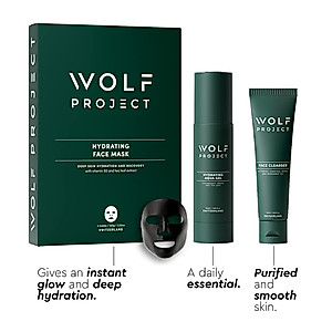 Wolf Project Men Skin Care Kit - Advanced Skin Care Set - Anti-Aging Face Moisturizer Gel Cream, Hydrating Charcoal Face Sheet Mask, Charcoal Face Cleanser - 3-Pack Mens Facial Care Kit