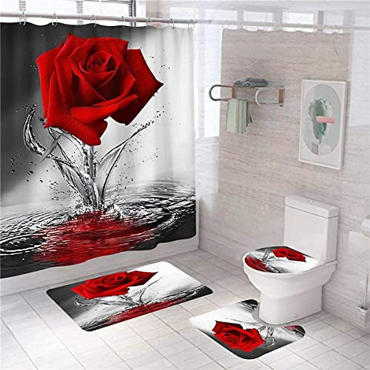 4PCS Red Rose Shower Curtain Set with Rugs,Toilet Lid Cover,U-Shaped Mat,Contemporary Water Pattern Red Rose Pattern Shower Curtains for Bathroom Waterproof Polyester Flower Bathroom Sets,71x71