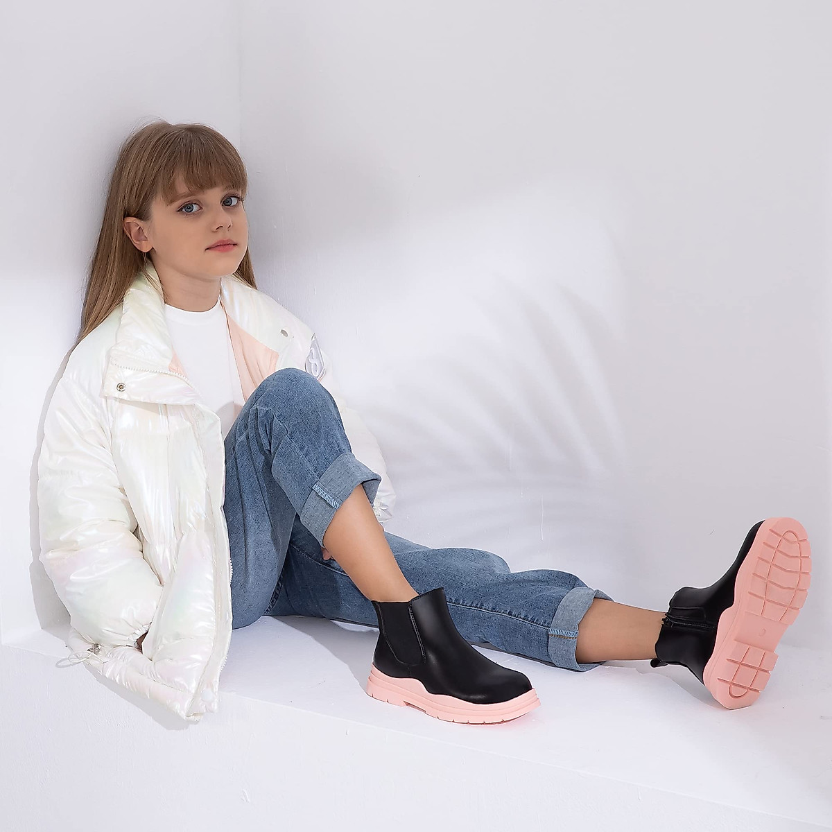 brooman Kids Chelsea Boots Boys Girls Ankle Boots Zipper Booties (6,Black Pink)