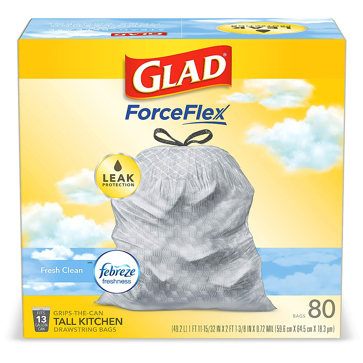 GLAD ForceFlex Tall Drawstring Trash Bags, 13 Gallon Grey Trash Bags for Tall Kitchen Trash Can, Fresh Clean with Febreze Freshness to Eliminate Odors, 80 Count - Packaging May Vary