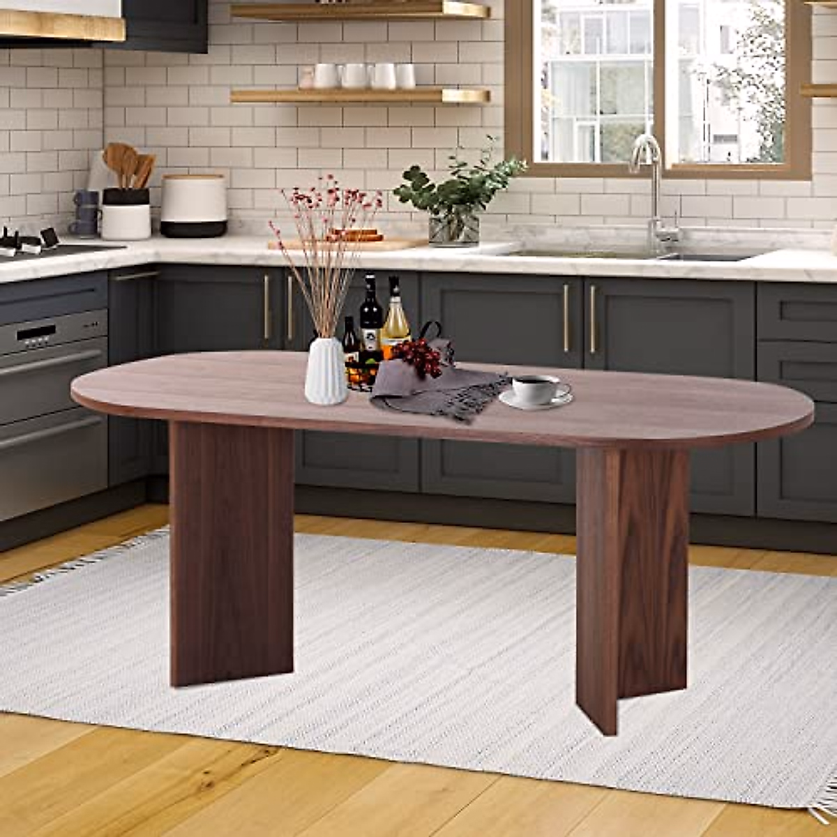 kevinplus 78'' Mid Century Modern Dining Table for 6, Oval Wooden Dining Table Dinner Table for Kitchen Living Room Office, Easy Assembly, Walnut