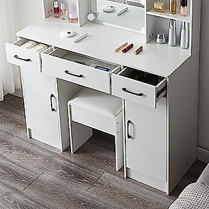 Xinhonglei Large Vanity Set with LED Lights, Vanity Desk with Mirror and Lights, Makeup Vanity Dressing Table with Drawewrs, Cabinet and Cushioned Stool for Bedroom, White