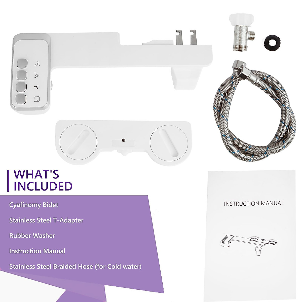 Bidet Attachment for Toilet，Non-Electric Dual Nozzle Hygienic Bidets，Self Cleaning and Adjustable Water Pressure Toilet Bidet for Frontal and Rear Wash（Classic Metal Hose）