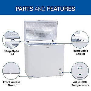 Koolatron Large Chest Freezer, 7.0 cu ft (195L), White, Manual Defrost Deep Freeze, Storage Basket, Space-Saving Flat Back, Stay-Open Lid, Front-Access Drain, for Basement, Laundry Room, Cottage