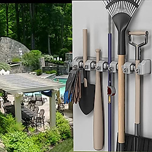 YouOKLight Broom holder wall mount, mop and broom hanger wall mount garden tool organizers storage rack, broom organizer mop holder hanger. For Home Garden Garage And Storage, 5 Slots, 6 Hooks, Grey.