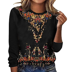 Womens Casual Long Sleeve Crew Neck Flower Printed T Shirt Top Full Sleeve Slim Fit Blouse Shirts Three Button Thermal