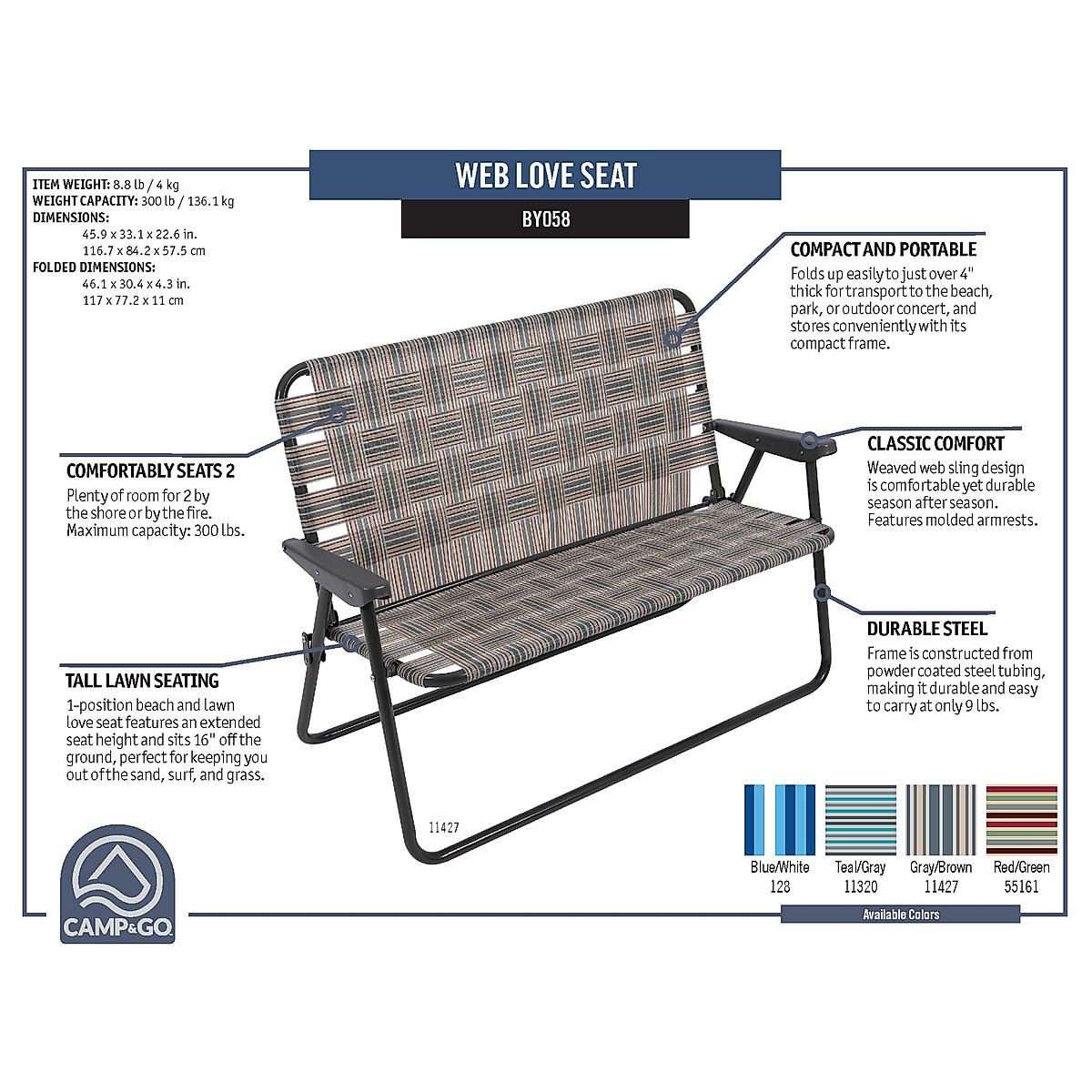 CAMP & GO High Seat Outdoor Double Wide Loveseat Web Folding Chair, Grey, 45.94" W x 22.63" D x 33.14" H