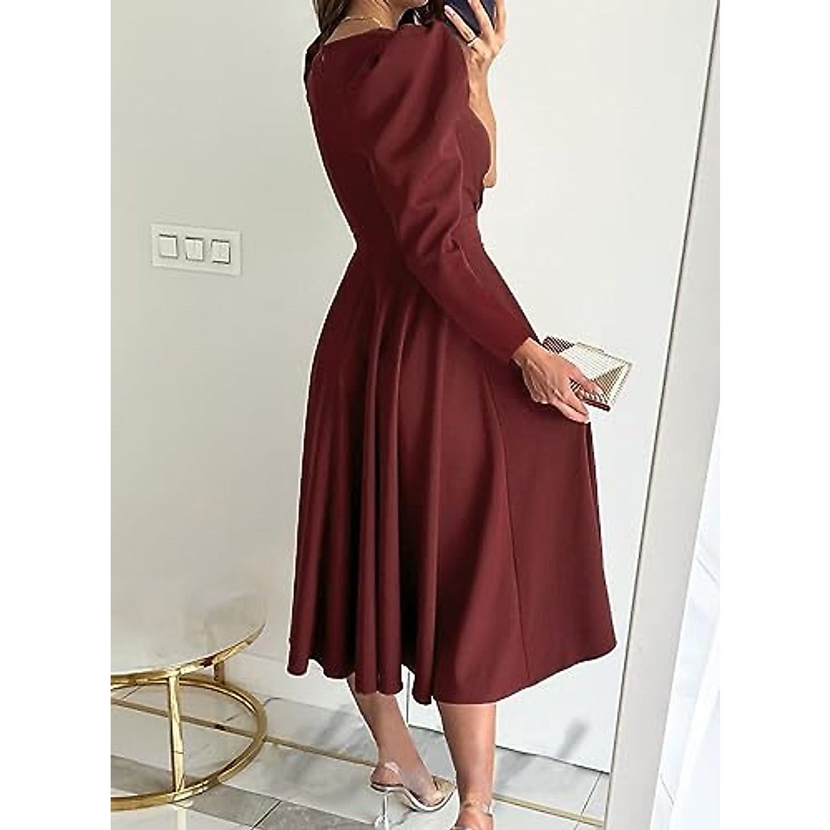 Dokotoo Womens Wedding Guest Dresses for Women 2023 A Line Swing Wrap Sexy V Neck Long Bubble Sleeve High Waist Solid Formal Party Graduation Cocktail Midi Dress Summer Fall Clothing Red X-Large