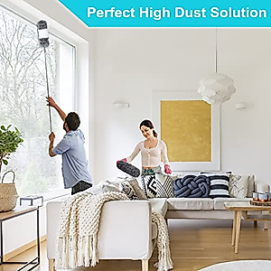 12pcs Microfiber Dusters, Duster with Extension Pole(Stainless Steel) 30 to 100'', Washable Dusters, Bendable Extendable Long Feather Duster for Cleaning Fan, High Ceiling, Blinds, Furniture, Cars