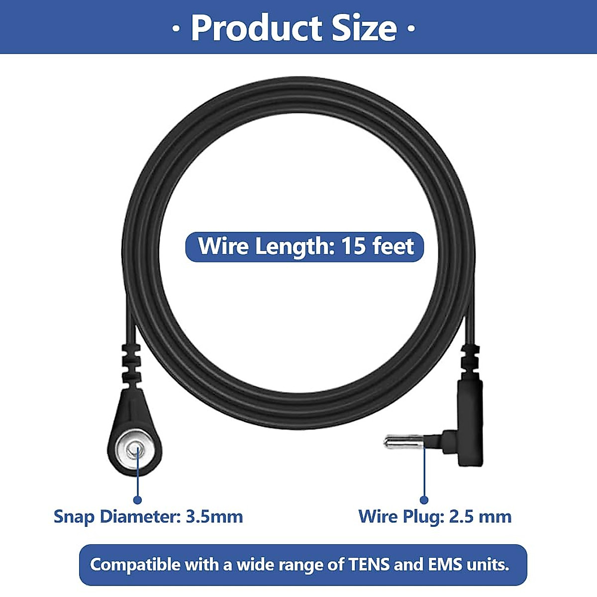 Grounding Cord Cable, Convert 2.5mm Pin to 3.5mm Snap Replacement Compatible with TENS EMS Units, 15 Foot, 4 Pack (Black)