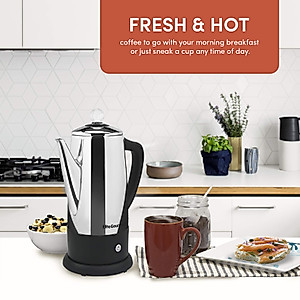 Elite Gourmet EC812# Electric 12-Cup Coffee Percolator with Keep Warm, Clear Brew Progress Knob Cool-Touch Handle Cord-less Serve, Stainless Steel