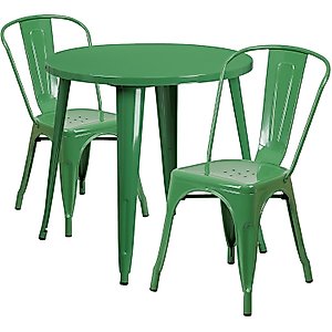 Flash Furniture Commercial Grade 30" Round Green Metal Indoor-Outdoor Table Set with 2 Cafe Chairs