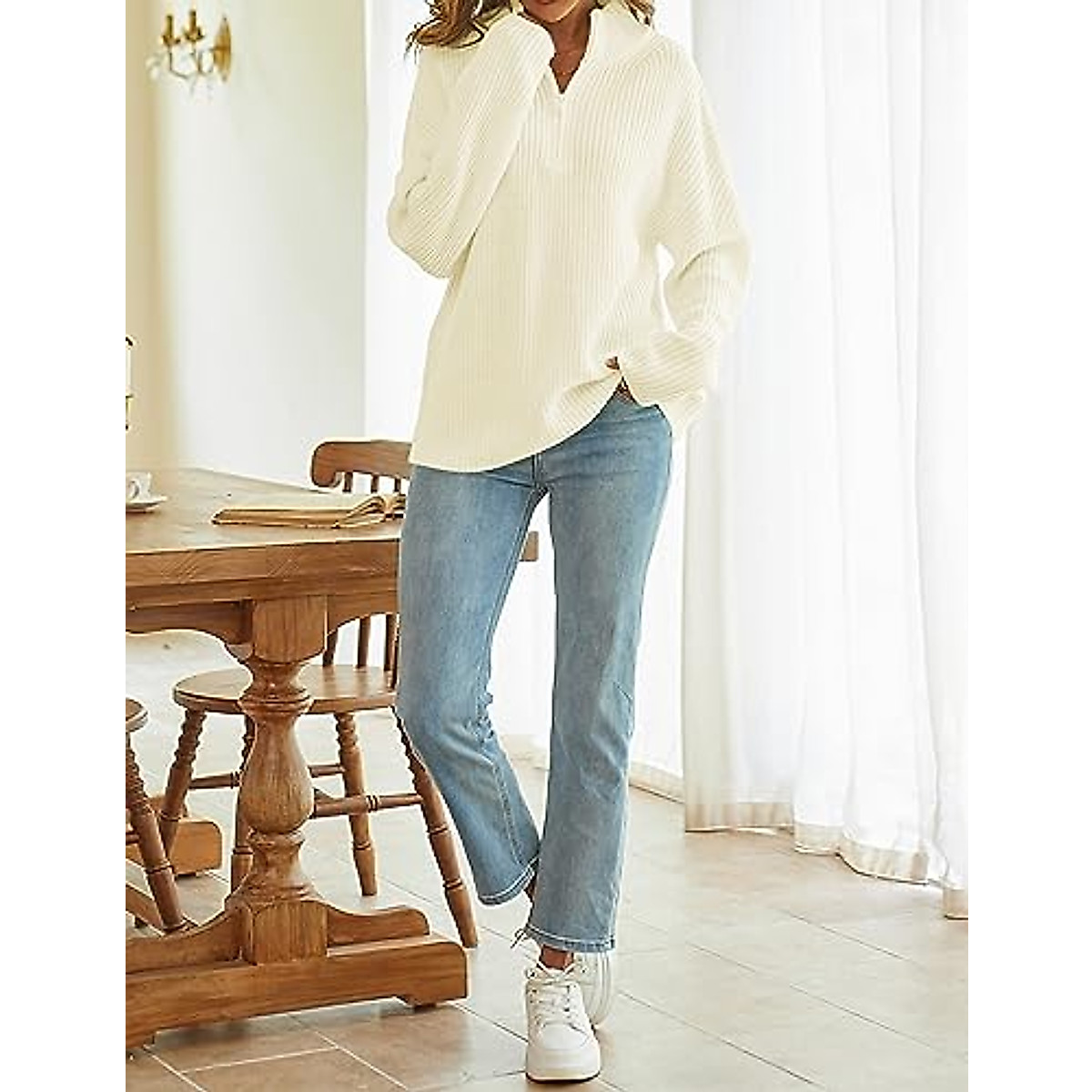 MEROKEETY Women's 2023 Long Sleeve Chunky Knit Sweaters 1/4 Zip Polo V Neck Casual Pullover Tops,Beige,M