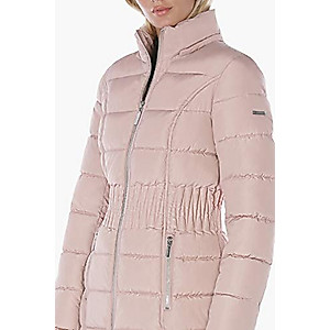 LAUNDRY BY SHELLI SEGAL Women's 3/4 Puffer Jacket with Zig Zag Cinched Waist and Faux Fur Trim Hood, Dusty Pink, Medium