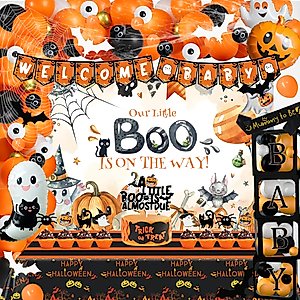 Our Little Boo is on the Way Baby Shower Decorations,Halloween Baby Shower Decorations for Boy Kit Backdrop Backdrop Banner Cake Cupcake Topper Tablecloth Spider Web for Baby Boy Shower Halloween