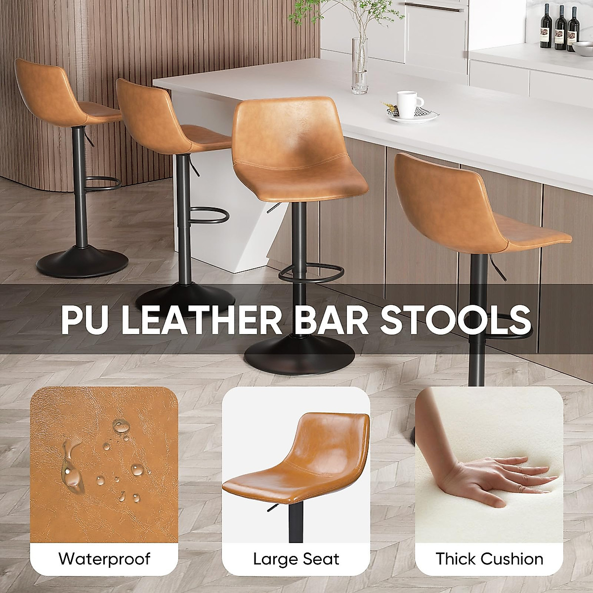 Nalupatio Bar Stools Set of 2, Modern PU Leather Adjustable Swivel Bar Stool, Counter Height Barstools for Home Kitchen Island, Brown
