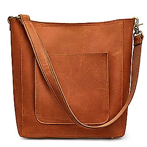 S-ZONE Women Vintage Genuine Leather Bucket Tote Bag Hobo Handbag Distressed Shoulder Purse