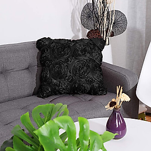 PiccoCasa 3D Flowers Throw Pillow Cover, Romantic Decorative Satin Cushion Cover, Stereo Roses Pillow Cover for Bed Sofa Couch, 16'' x 16'', Black