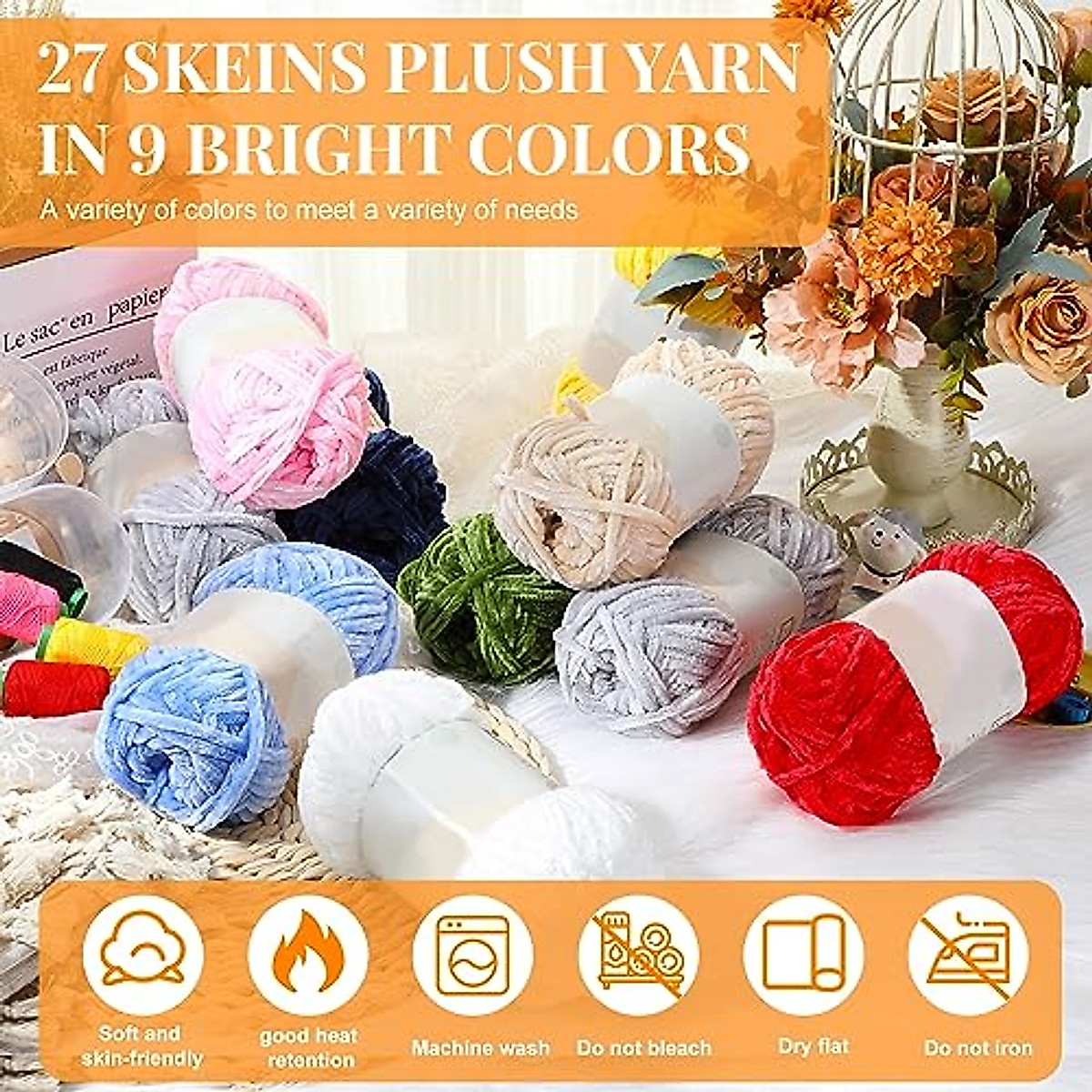 Timgle 27 Skeins Crochet Yarn for Crocheting Knitting 2362.5 Yards Chenille Blanket Soft Plush Bulky Fluffy Yarn Bulk for Beginners Hand DIY Craft Sweater Shawl 100g Each(Chic Color)