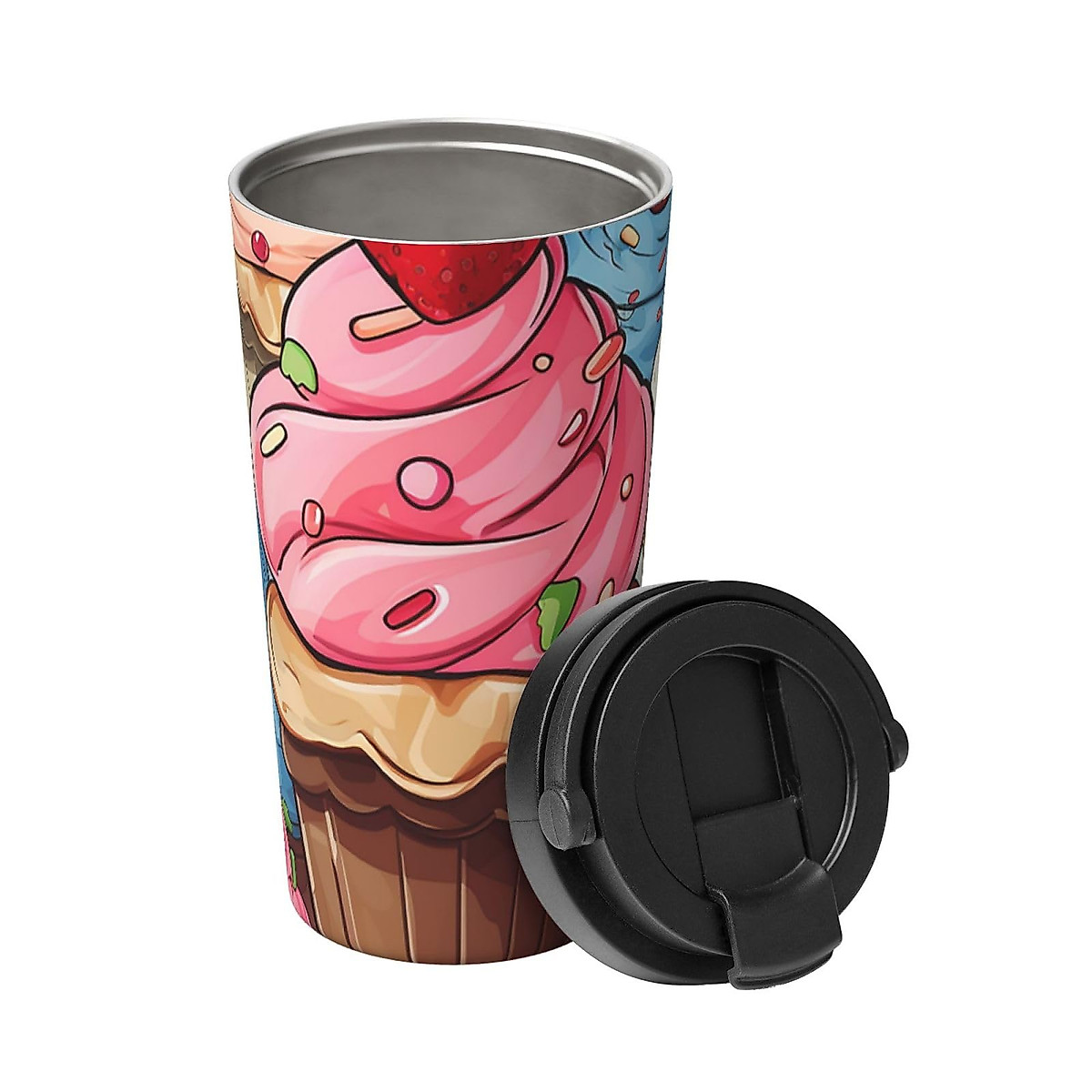 GTKSYNVE Reusable Coffee Mug with Lid and Handle, Cupcakes And Ice Cream Tumbler for Hot & Cold Drinks 16oz Stainless Steel Insulated Coffee Tumblers Double Wall Vacuum Thermal Cup
