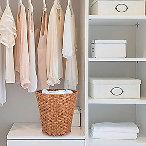 Cabilock Wicker Waste Basket Woven Trash Can Round Decorative Garbage Waste Bin Plastic Dirty Clothes Basket Storage Basket for Bedroom Bathroom Kitchen Home Office Light Brown