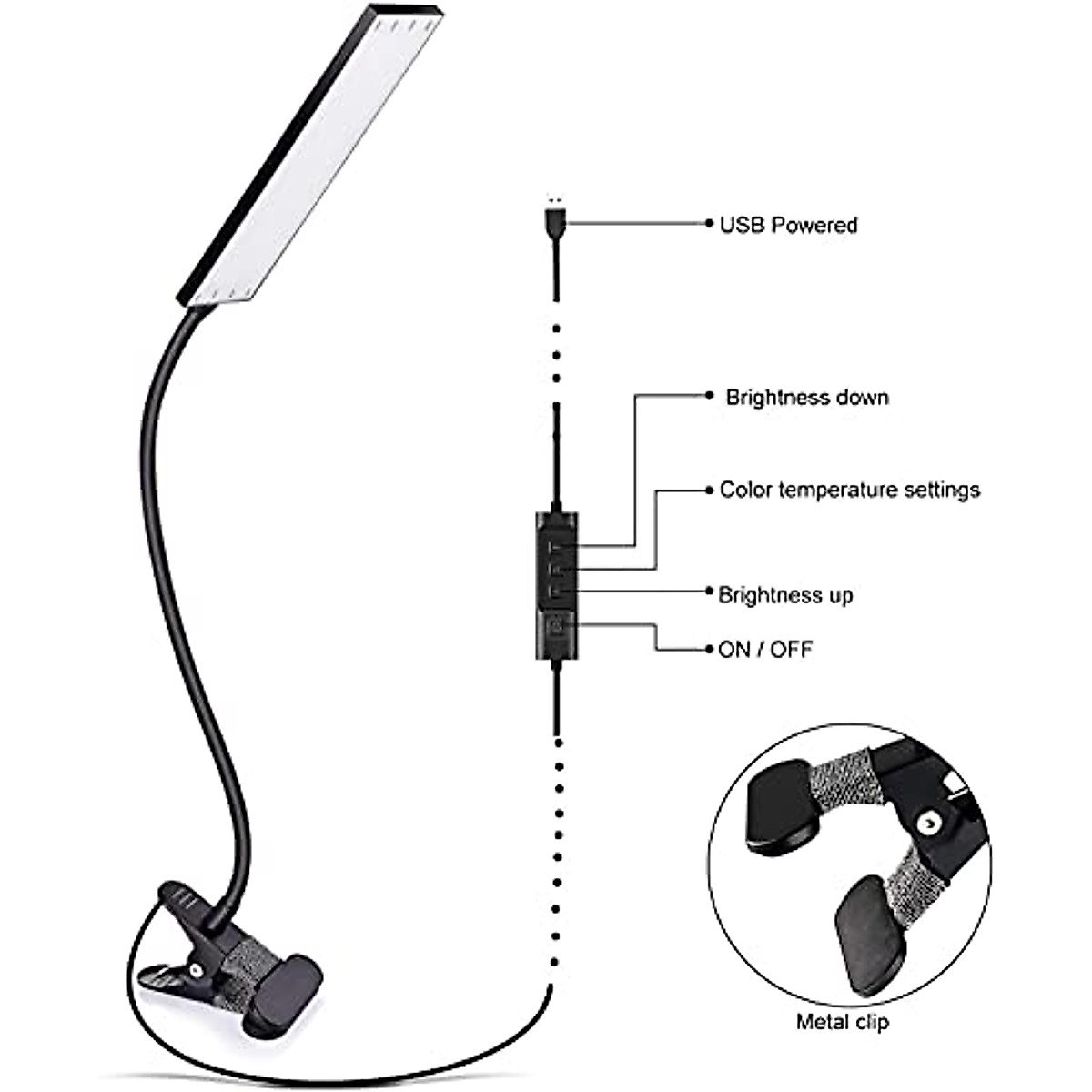 Vansuny Clip on Light LED Desk Lamp with Eye-Caring LED Light and Metal Clip, 11 Level Brightness 3 Color Modes, Power by USB Port 5W Flexible Gooseneck Reading Light for Home and Office (5W, Black)