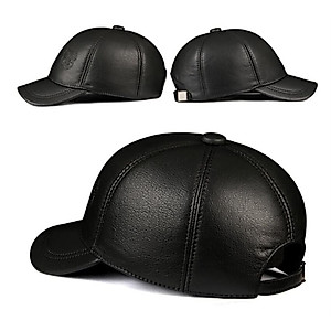Winter Baseball Cap Retro Adjustable Hats, 100% Genuine Cowhide Leather Casual Warm Ear Protection, Unisex Outdoor Driving (Black)