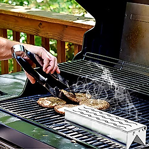 Skyflame Stainless Steel Smoker Box with Canister Can, Double V-Shape BBQ Wood Chips Smoky Box Designed by Wavy Vent and Hinged Lid, 12” Compact Size for Gas/Charcoal Grill Kebob Smoky Grilling