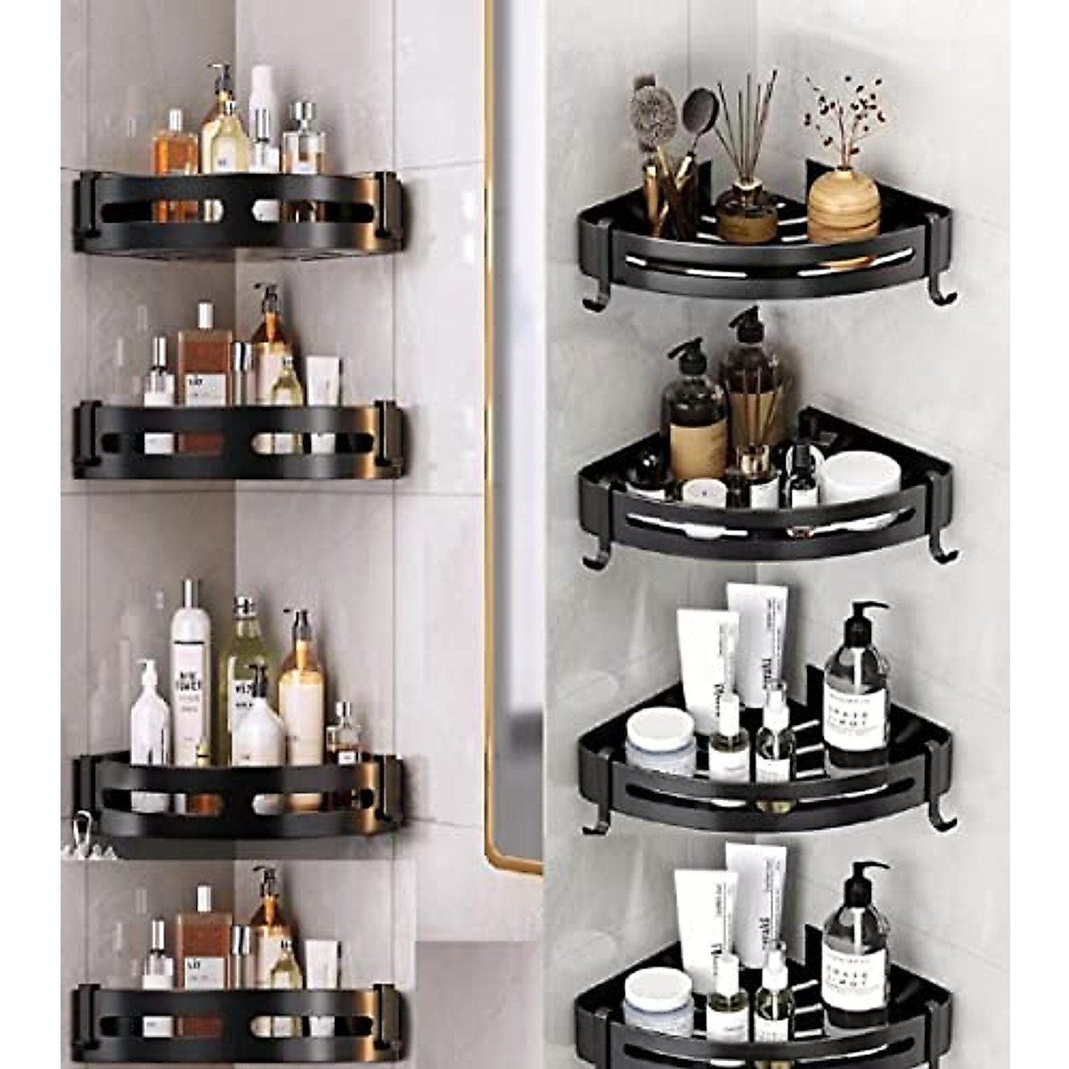 Hyuxinmy Bath Corner Shower Shelves Adhesive Caddy, Adhesive Bathroom Shelf Wall Mounted, No Drilling Kitchen Racks Shower Organizer Basket, Storage for Bathroom Kitchen (4black)