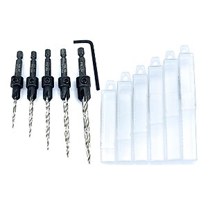 FTG USA Wood Countersink Drill Bit Set 5 Pc Countersink Drill Bit #4, 6, 8, 10, 12, with 6 Storage Containers for Tapered Countersink Drill Bits with 1/4" Hex Shank Quick Change and Allen Wrench