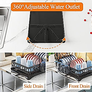 GILLAS Dish Drying Rack, 2 Tier Dish Racks for Kitchen Counter, Kitchen Organization with Large Capacity Dish Drainers & Drainboard, Dish Rack with Utensils & Glass Holder, Black