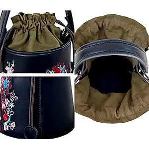 Yinzhenxiu-Small Women's Bucket Bag, PU Leather Drawstring Top Handle, Black/Colorful Embroidery Novelty Handbag Crossbody Bag